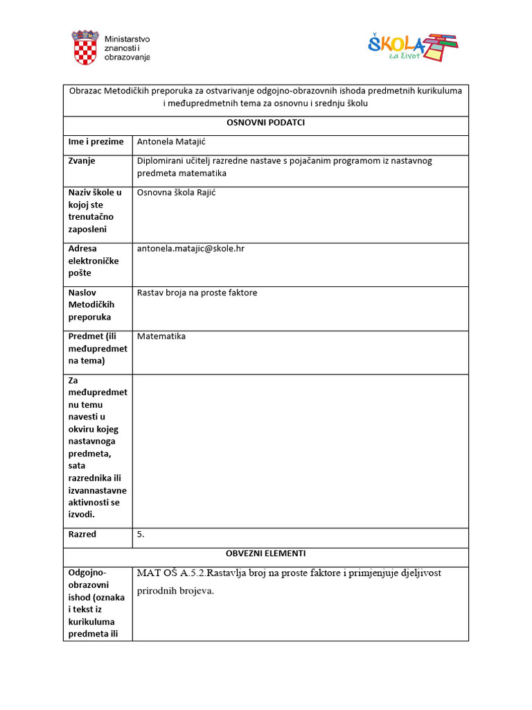 MATEMATIKA 5 OŠ Rastav Broja Na Proste Faktore AM | PDF