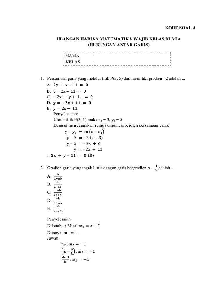 Ulangan Harian Matematika Wajib Kelas XI IPA HUBUNGAN ANTAR GARIS | PDF