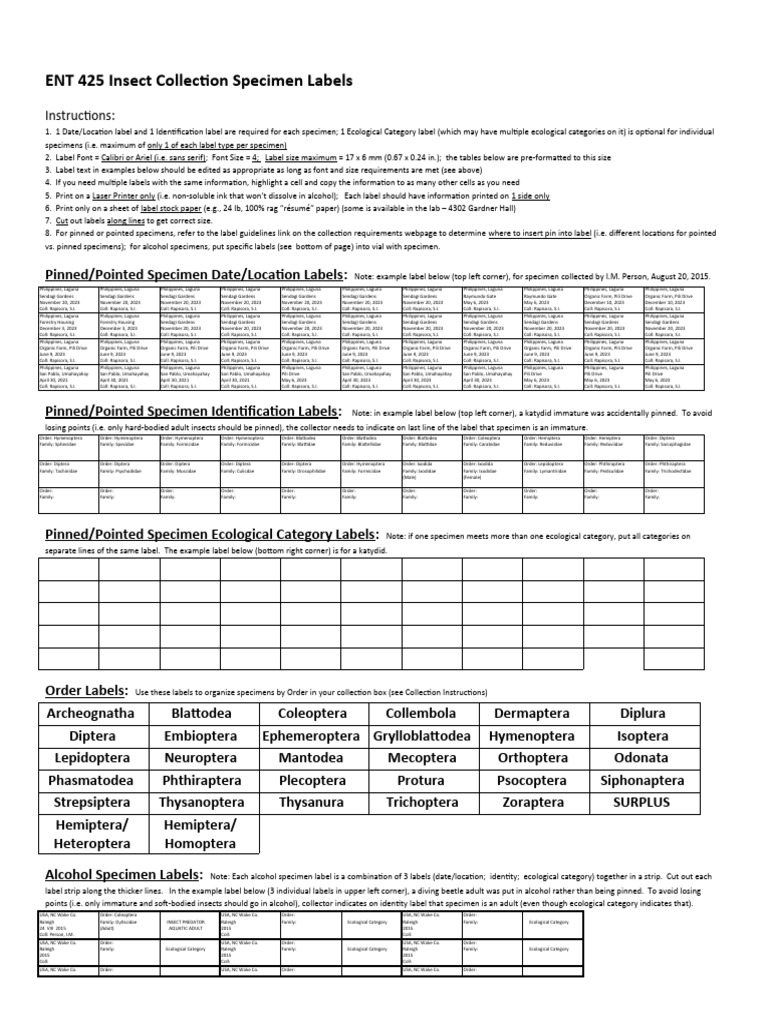 Ent 425 Insect Collection Labels | PDF | Insects | Arthropods
