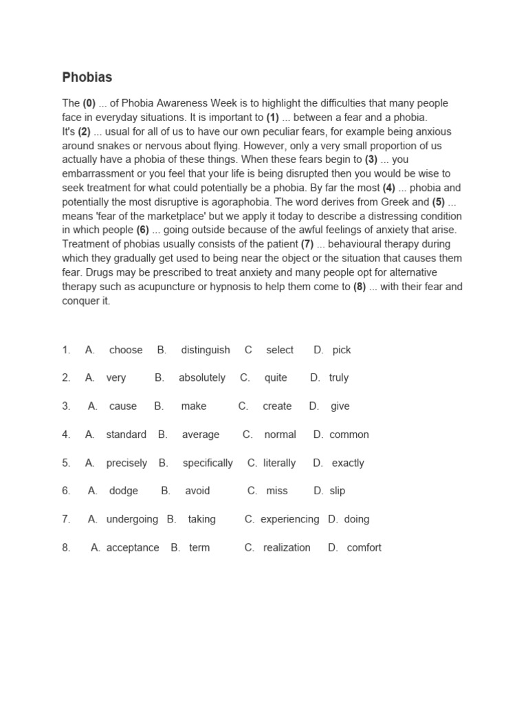 Phobias MULTIPLE CHOICE CLOZE | PDF