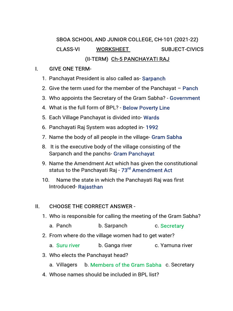 Civics CH-5 Pri's Worksheet 2021 | PDF