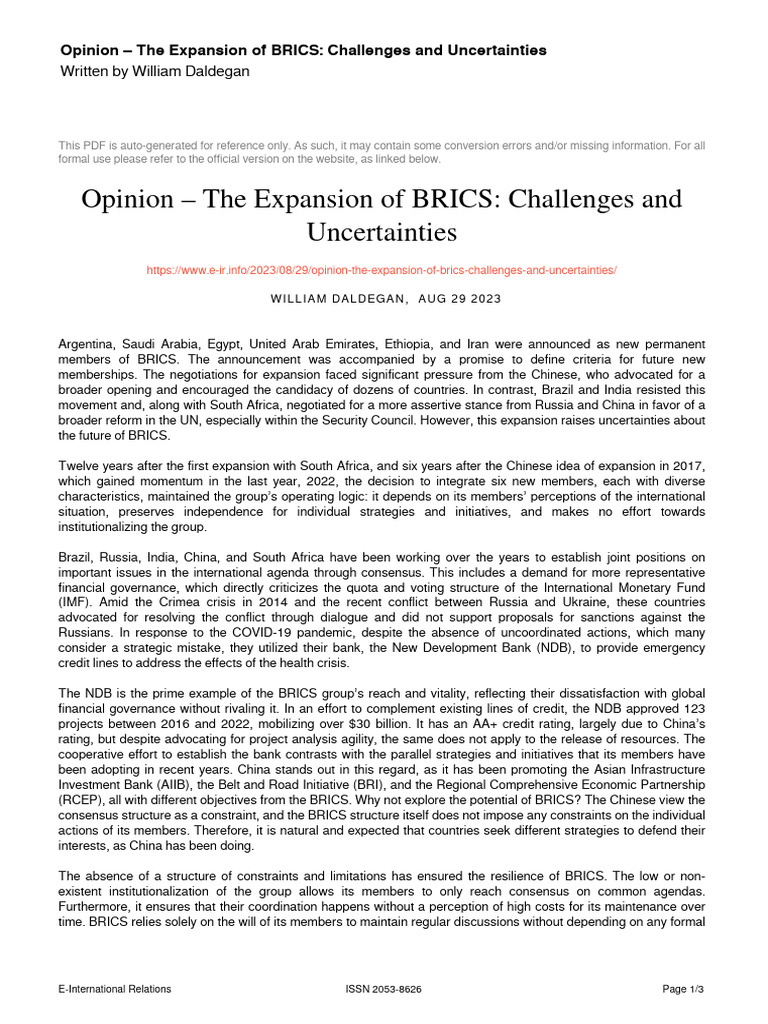 Opinion - The Expansion of BRICS Challenges and Uncertainties | PDF ...