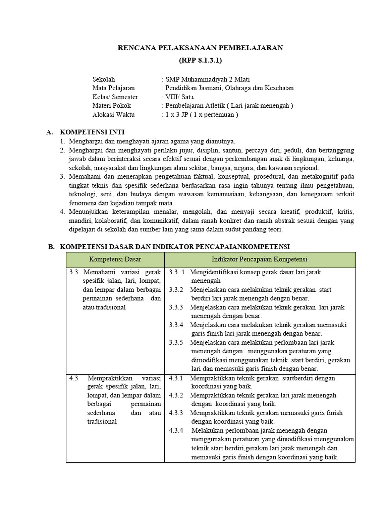 Ria Ernawati - RPP Pjok Lari Jarak Menengah Kls 8 Sem 1 | PDF