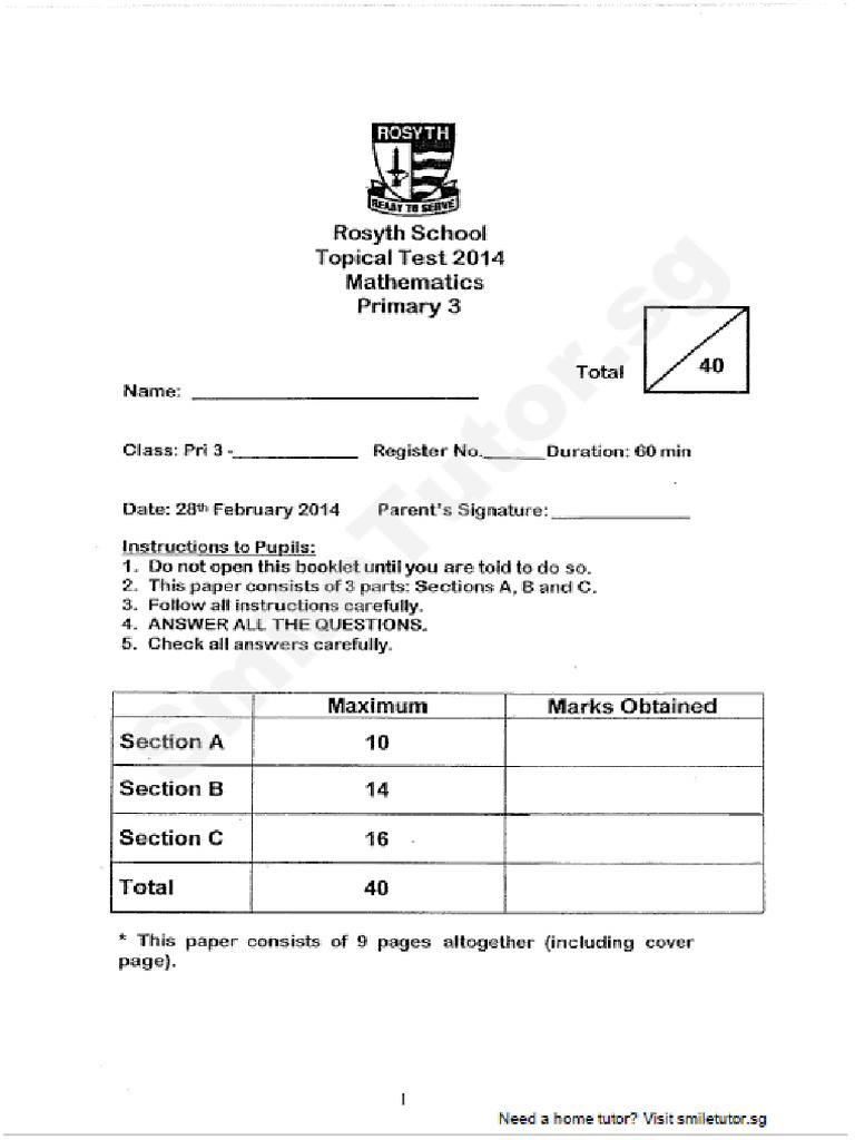 Https Smiletutor - SG Wp-Content Uploads 2020 10 P3 Math 2014 | PDF