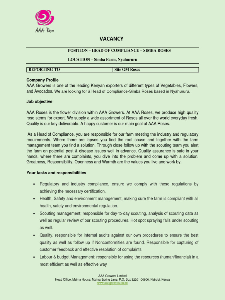 Vacancy Head of Compliance - Simba Roses | PDF | Regulatory Compliance ...