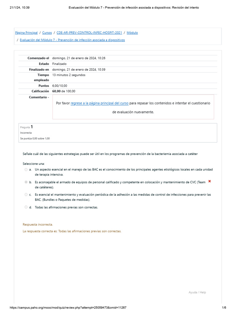 Módulo 7 - Prevención de Infección Asociada A Dispositivos - Revisión Del Intento | PDF