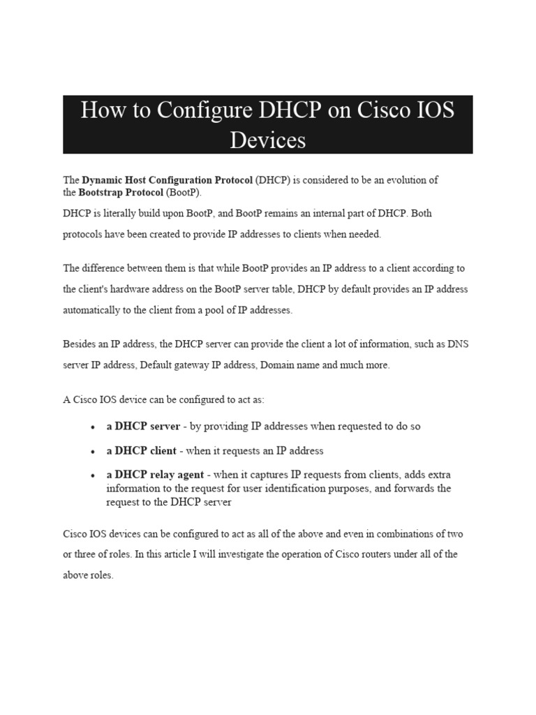 Configure Dhcp On Cisco Ios Devices Pdf Ip Address Router Computing
