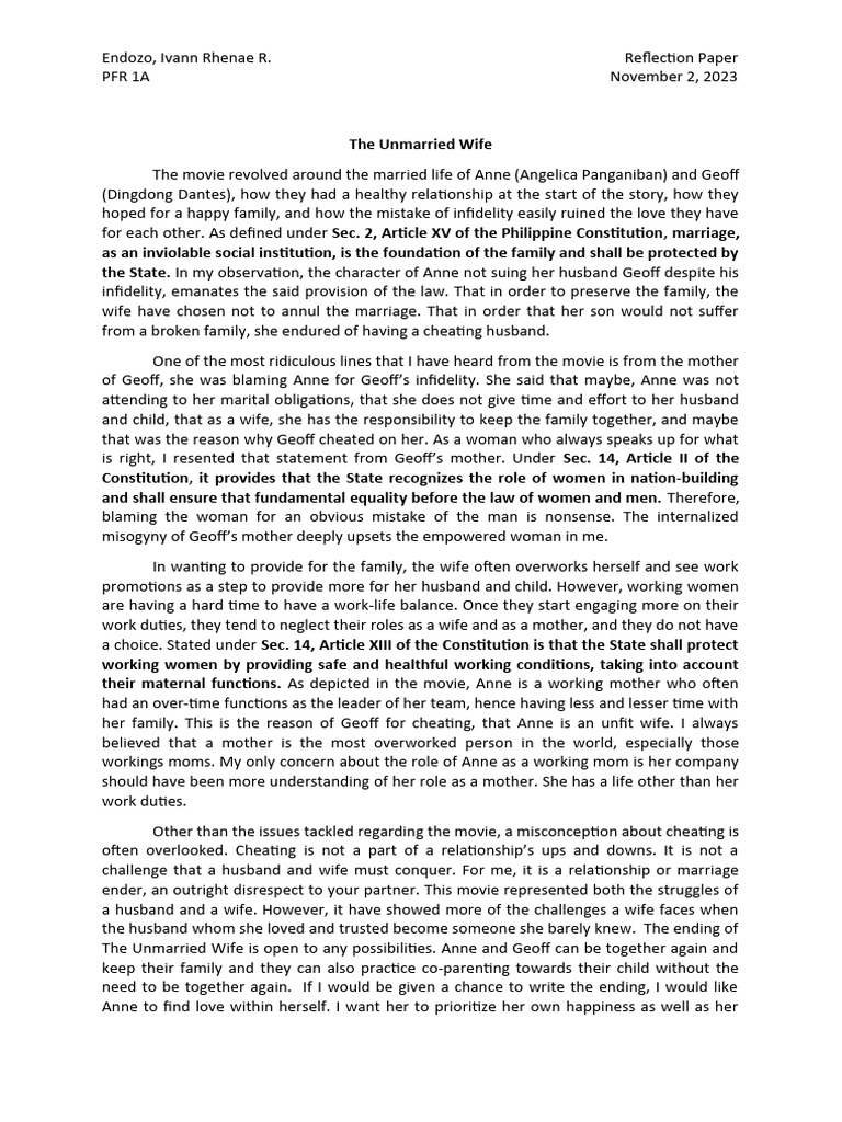 The Unmarried Wife (Reflection Paper) | PDF | Marriage | Wife