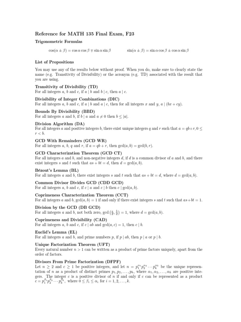 Final Reference F23 | PDF | Equations | Factorization