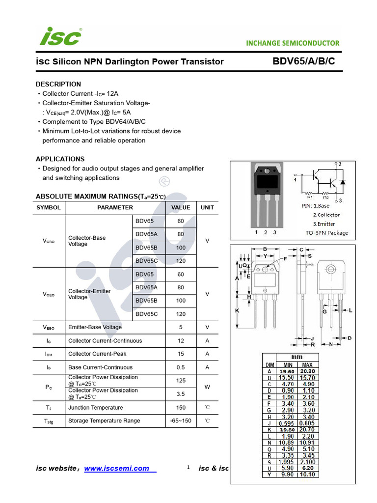 bdv65 Bdv65a bdv65b bdv65c | PDF | Bipolar Junction Transistor | Electricity