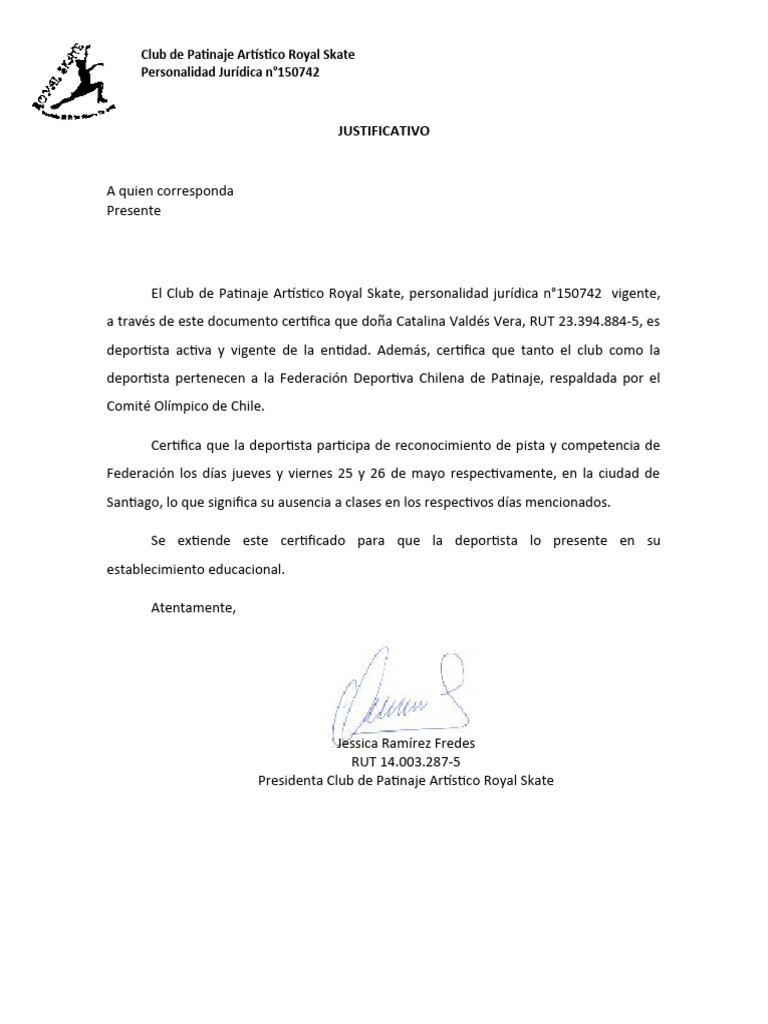 Certificado de Deportista Activa Royal Skate | PDF