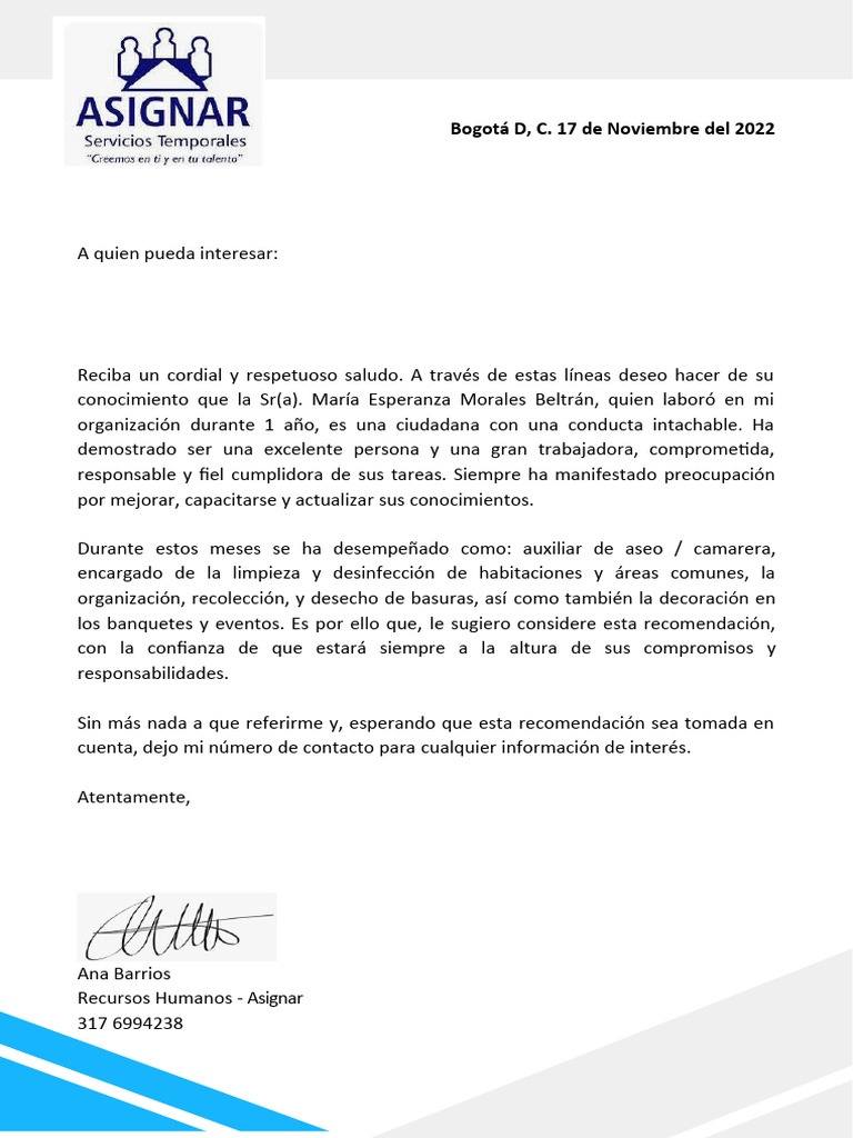 Carta Laboral Asignar | PDF | Crecimiento personal y profesional ...