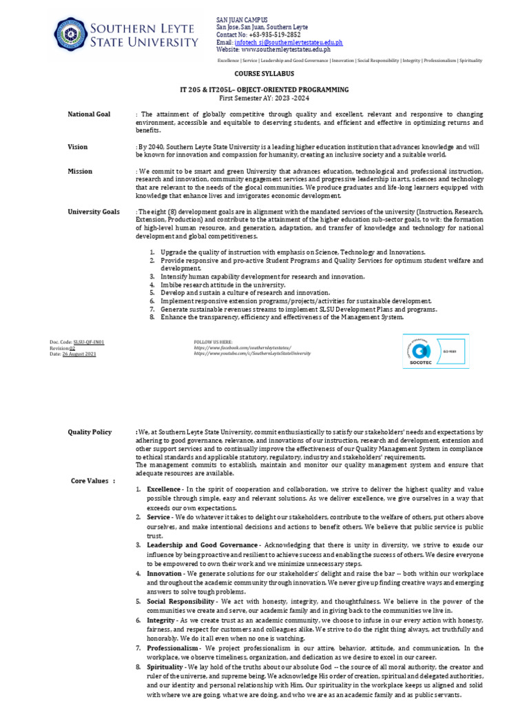 1.8 2023 2024 FINAL Course Syllabus Object Oriented Programming | PDF