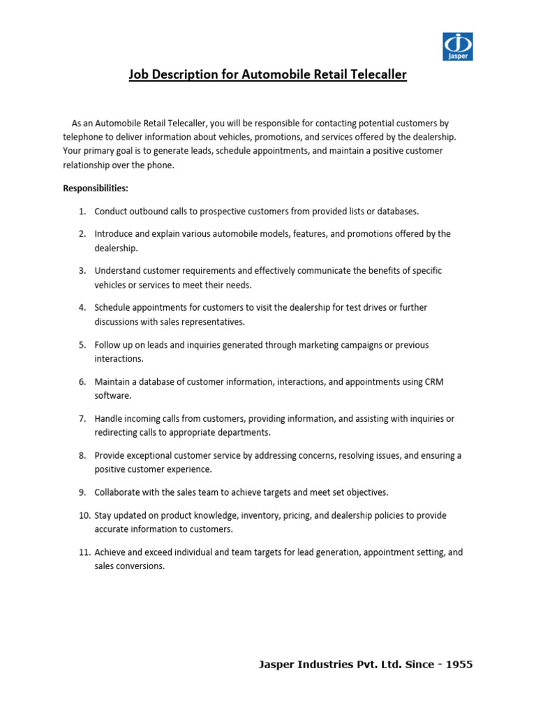 Automobile Retail Telecaller Job Description | PDF | Sales | Customer ...