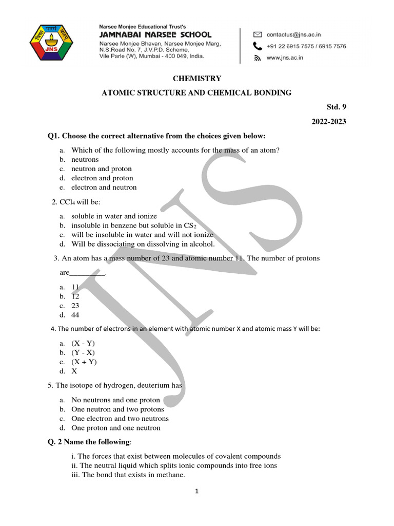 JH EcampusUpload SubjectNote STD 9 Question Bank Atomic Structure and Chemical Bonding | PDF ...