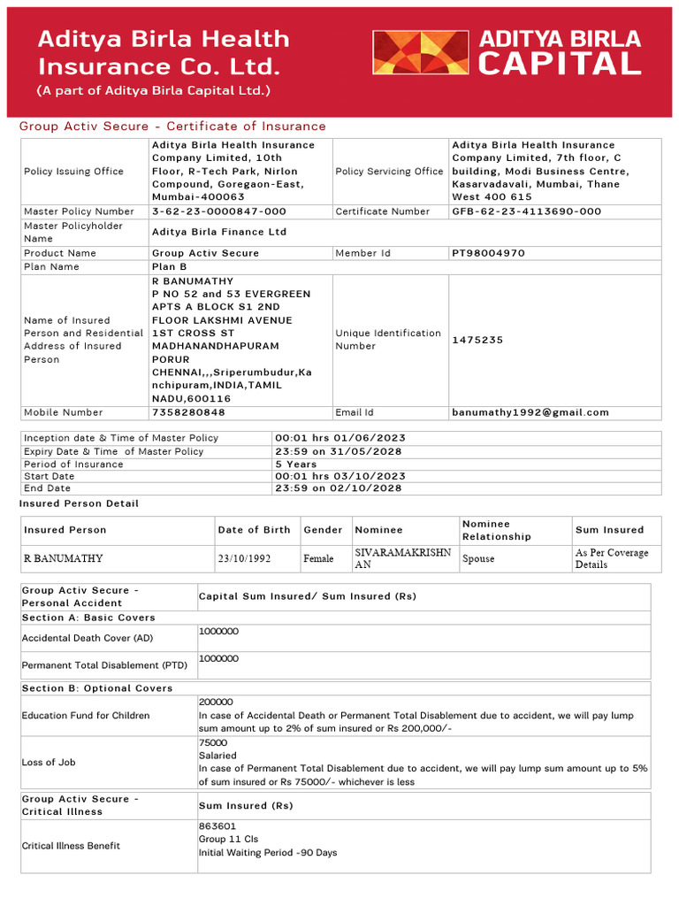 Group Activ Secure - Certificate of Insurance | PDF | Insurance ...