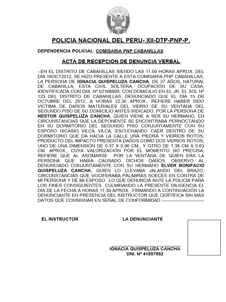 Acta de Denuncia Verbal - Kevin Brayan Laura Condori | PDF | Cumplimiento de la ley | Crimen y ...