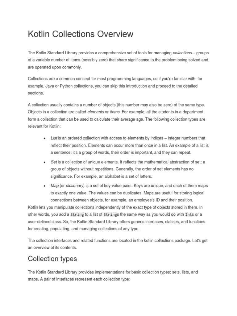Kotlin Collections Overview: Collection Types | PDF | Parameter (Computer Programming) | Data Type