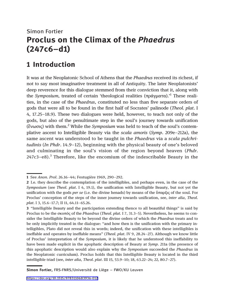 Proclus On The Climax of The Phaedrus (247c6-d1) (Fortier, 2020) | PDF ...