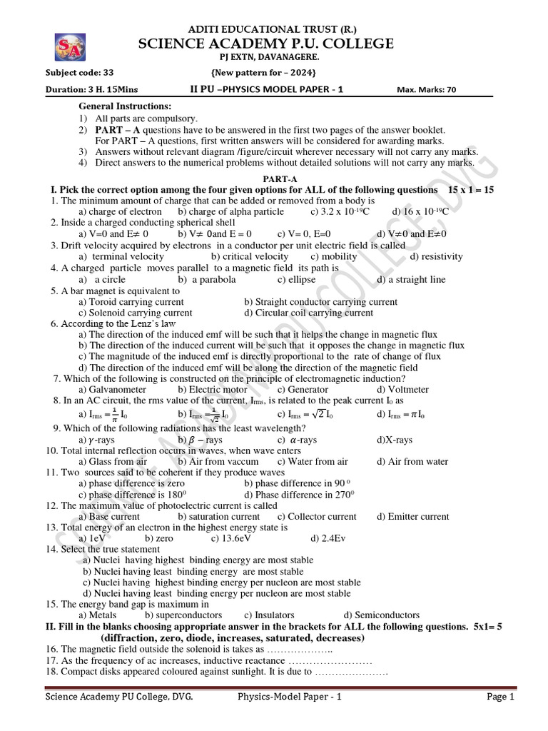 Physics Model Paper - 1 | PDF | Electromagnetic Induction | Magnetic Field