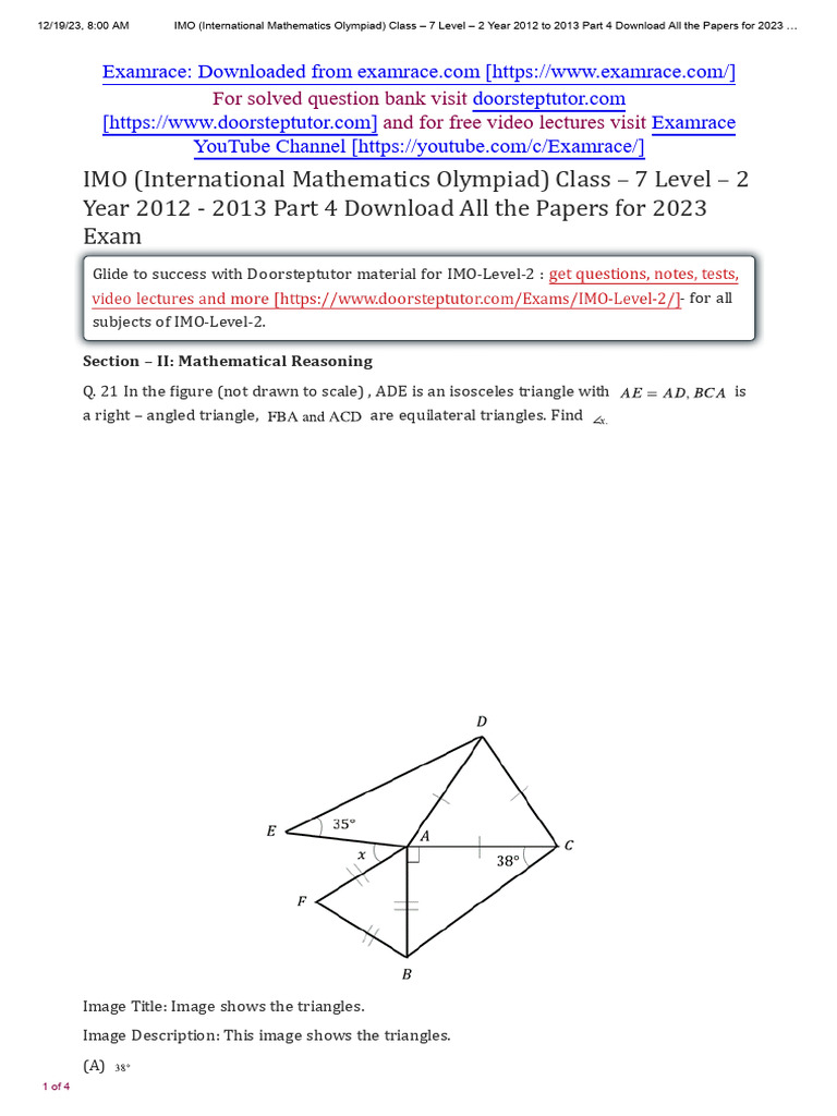 IMO Level 2 Class 7 Paper 2012 2013 Part 4 | PDF | Triangle | Euclidean ...