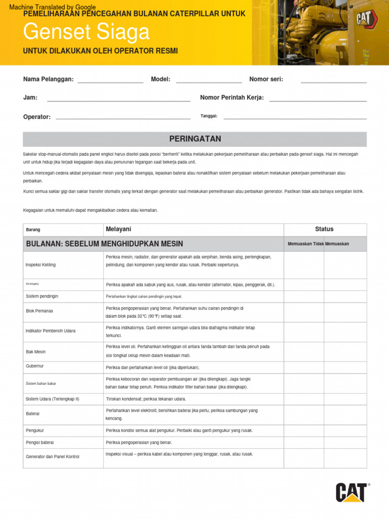 Ceklist GEnset CAT-1 | PDF