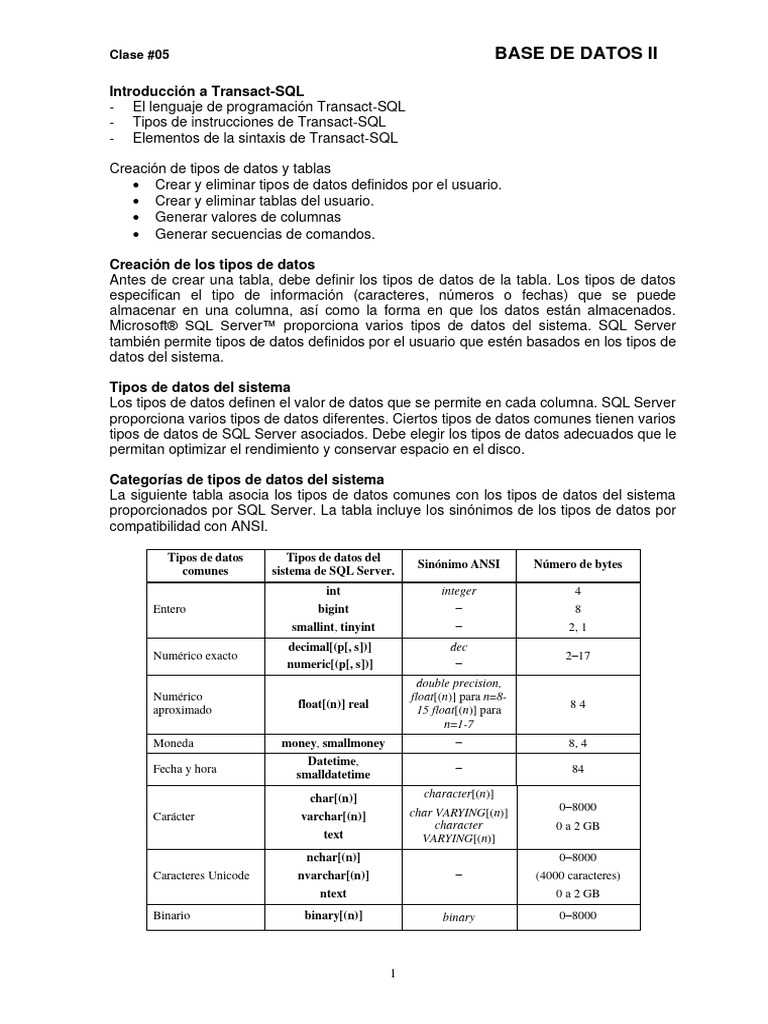 BDII - U1C5 Creacion de Tipos de Datos - ESTUDIANTE | PDF | Servidor SQL de Microsoft | SQL