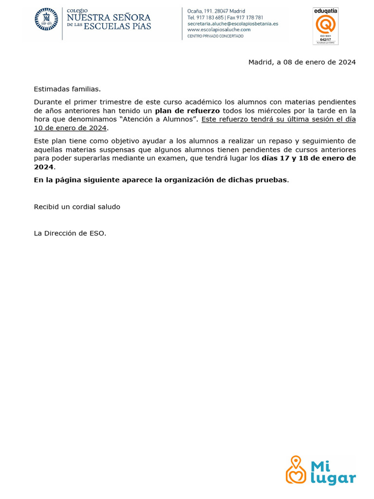 Circular Exámenes de Materias Pendientes de Cursos Anteriores | PDF