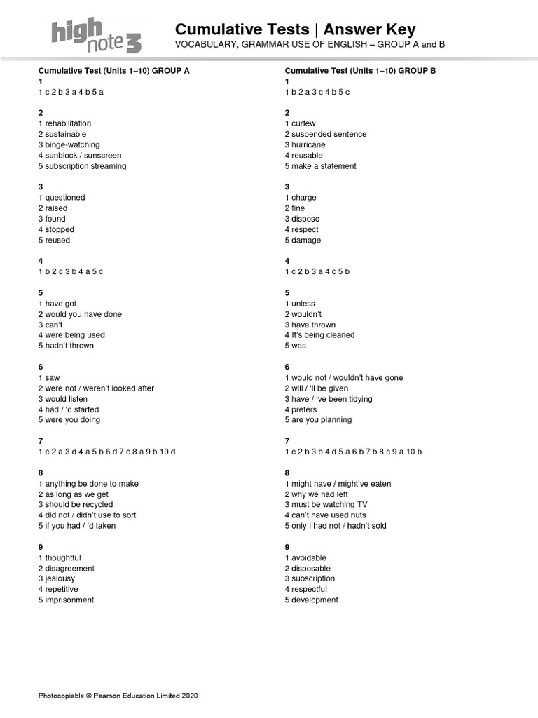 HighNote3 Cumulative Tests Units01 10 GroupA B ANSWERS | PDF | Economy ...