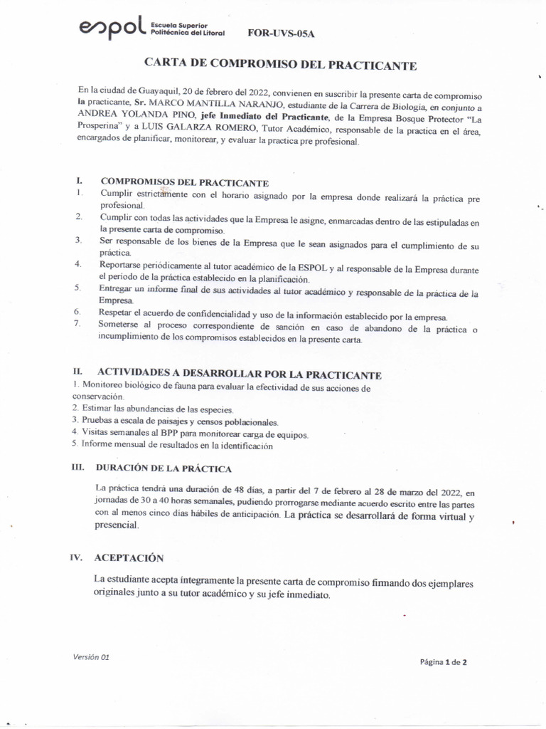 Carta de Compromiso Del Practicante | PDF