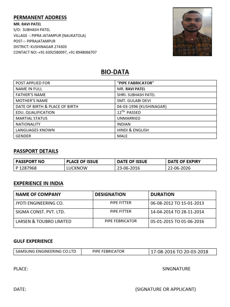 Permanent Address and Bio-Data of Ravi Patel | PDF