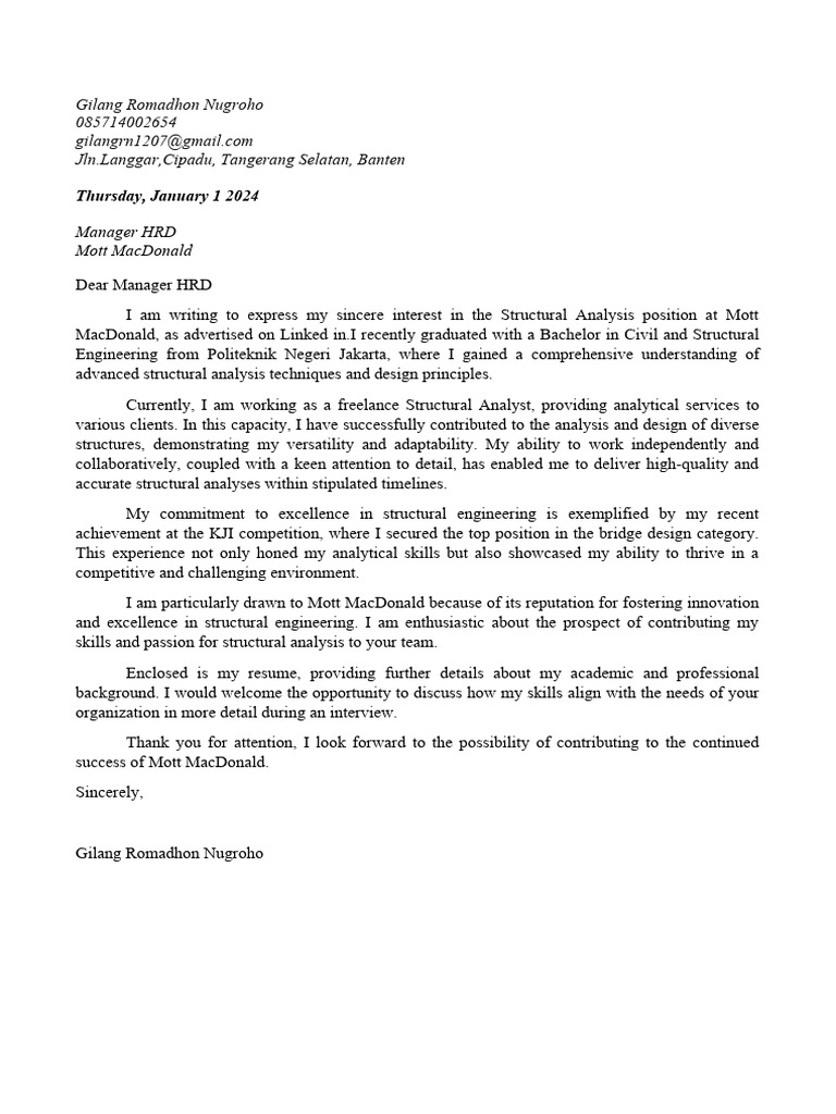 Cover Letter for Structural Analyst Position | PDF