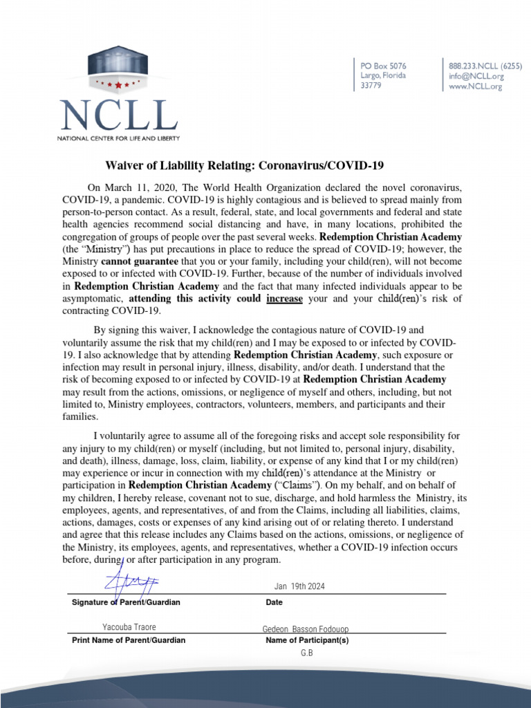 COVID-19 Liability Waiver Signed | PDF | Legal Liability | Civil Law ...