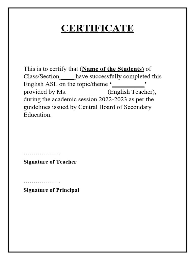 ASL Completion Certificate Template | PDF | Foreign Language Studies