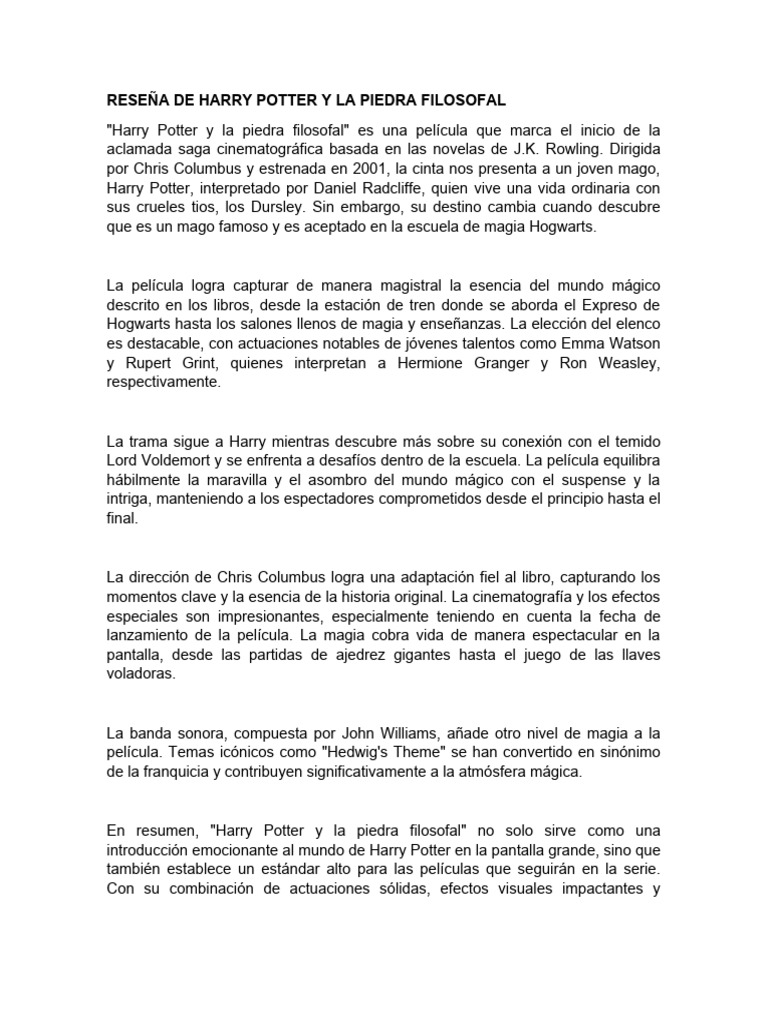 Reseña de Harry Potter y La Piedra Filosofal | PDF