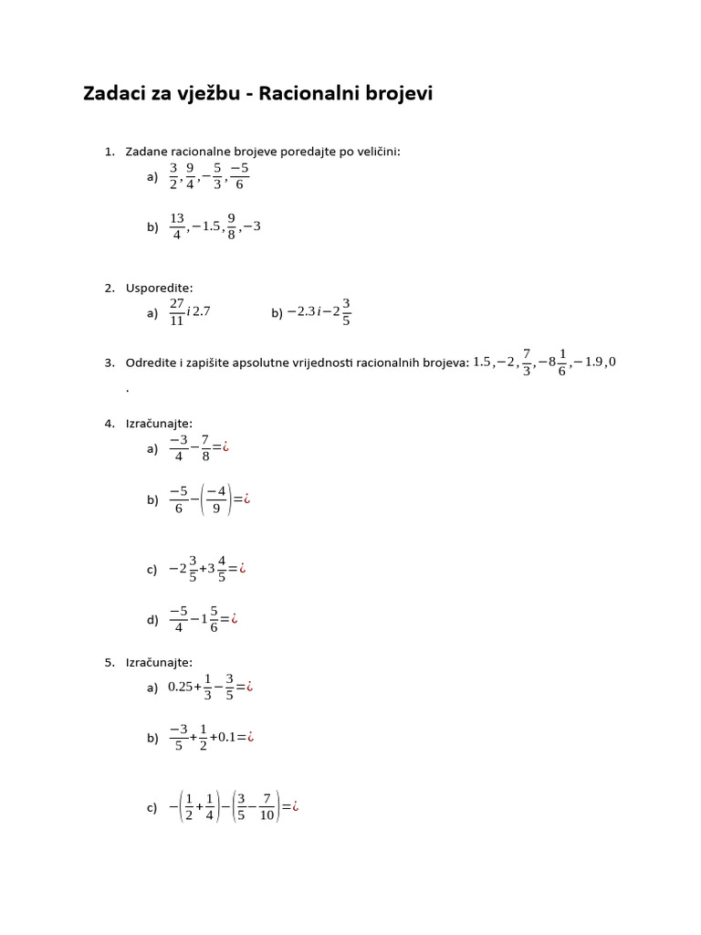 Racionalni Brojevi - Zadaci Za Vjezbu | PDF
