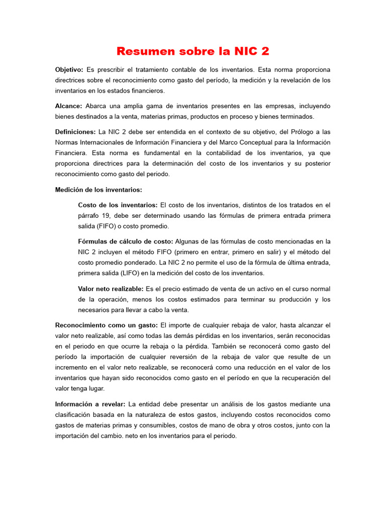 Resumen Sobre La NIC 2 | PDF | Costo | Contabilidad