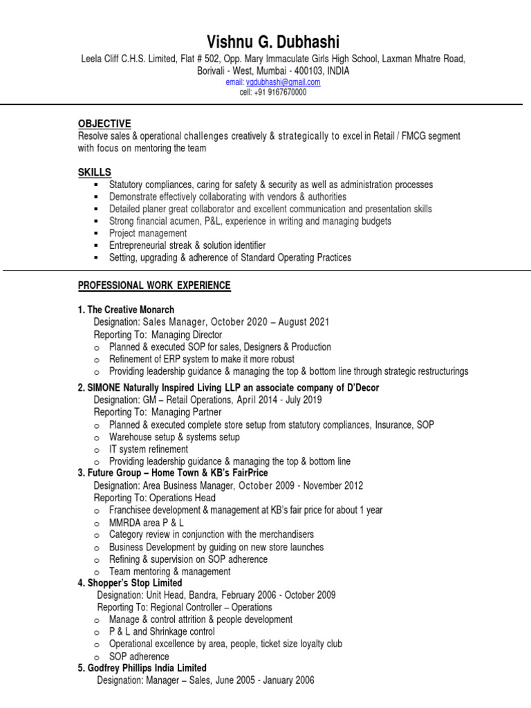 CV VishnuDubhashi | PDF | Business | Economies