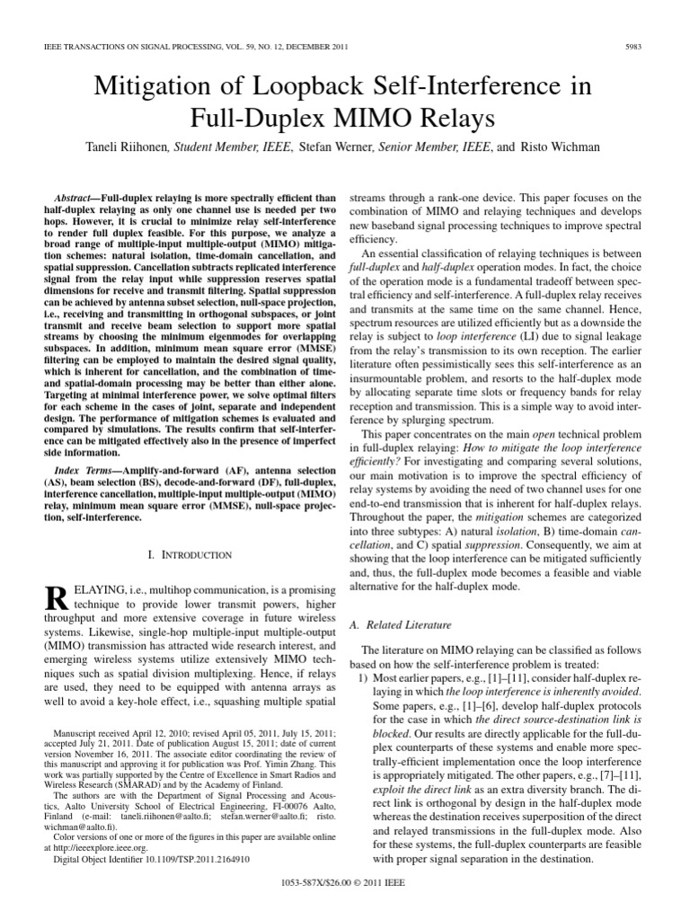 Mitigation of Loopback Self-Interference in Full-Duplex MIMO Relays | PDF | Orthogonal Frequency ...