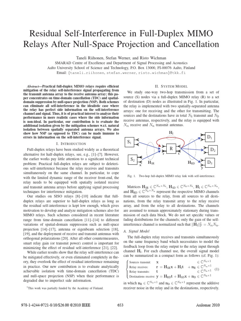 Residual Self-Interference in Full-Duplex MIMO Relays After Null Space Projection and ...