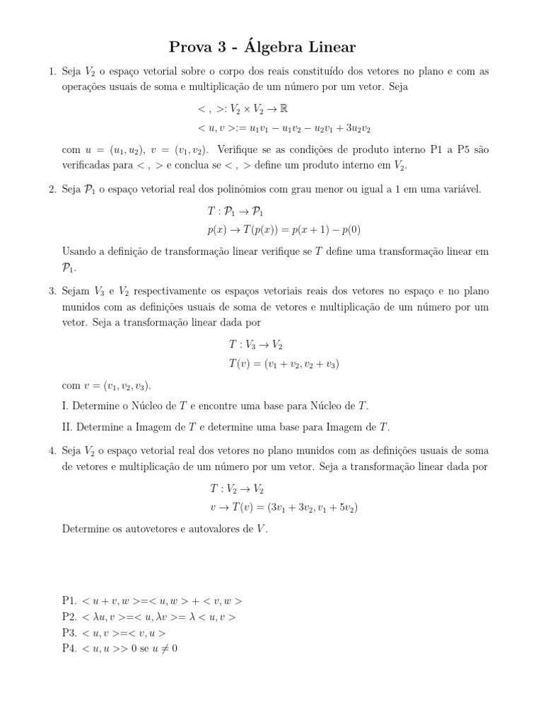 Prova 3 Álgebra Linear 2023 UFSC Linear Álgebra | PDF