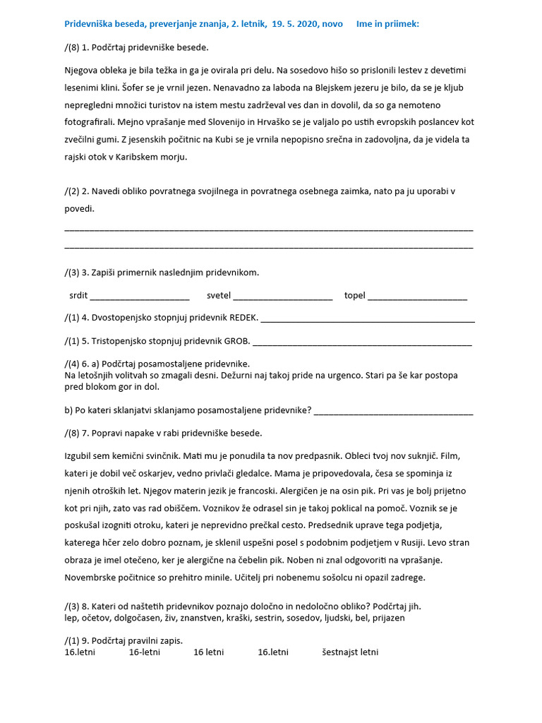 Pridevniška Beseda - Preverjanje Znanja - Novo | PDF