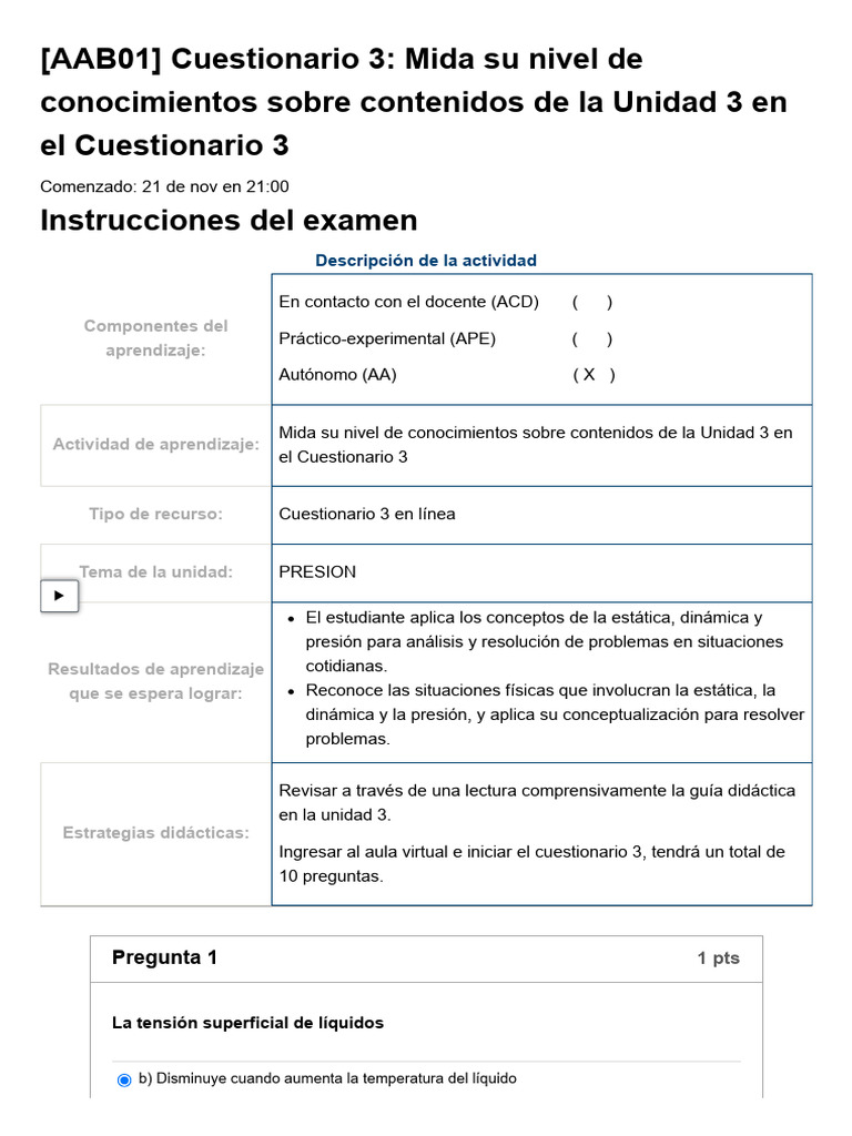 Examen - (AAB01) Cuestionario 3 - Mida Su Nivel de Conocimientos Sobre Contenidos de La Unidad 3 ...
