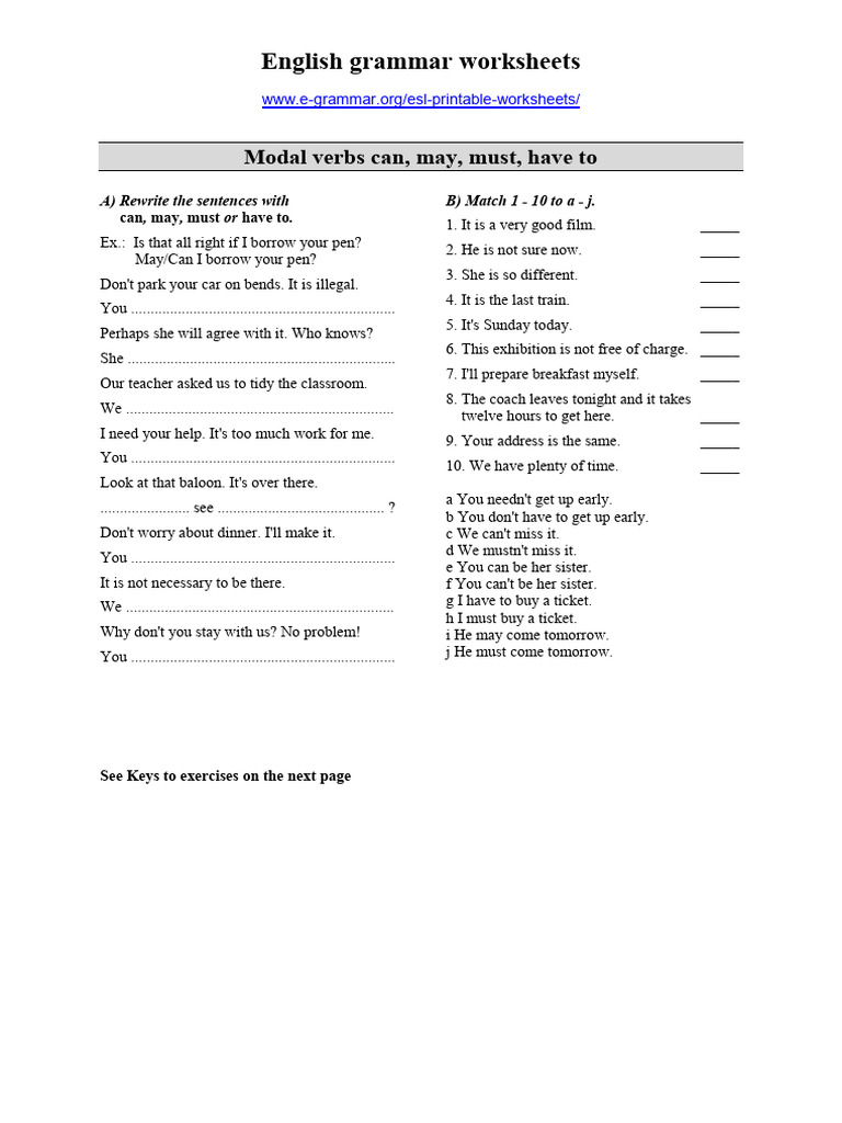 Can, May, Must Worksheet Exercises | PDF | Linguistic Typology ...