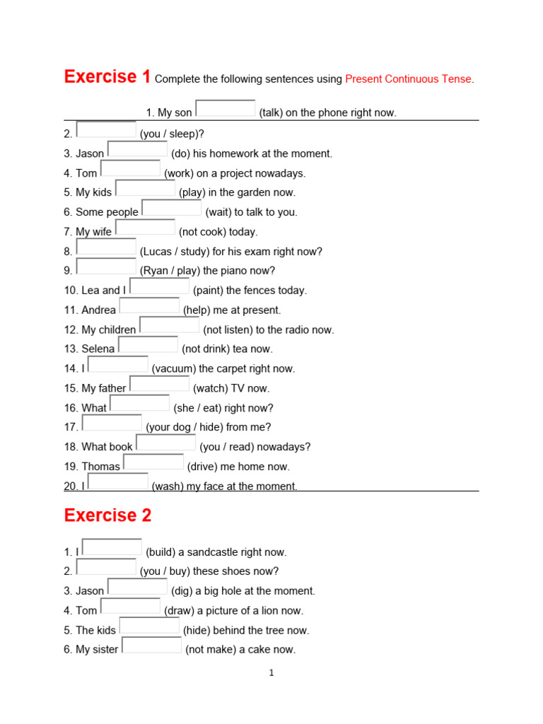 Present Continuous Worksheet 1 | PDF