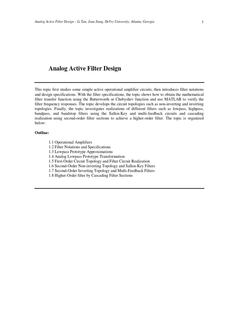 Analog Active Filter Design By Li Tan Pdf Low Pass Filter Operational Amplifier