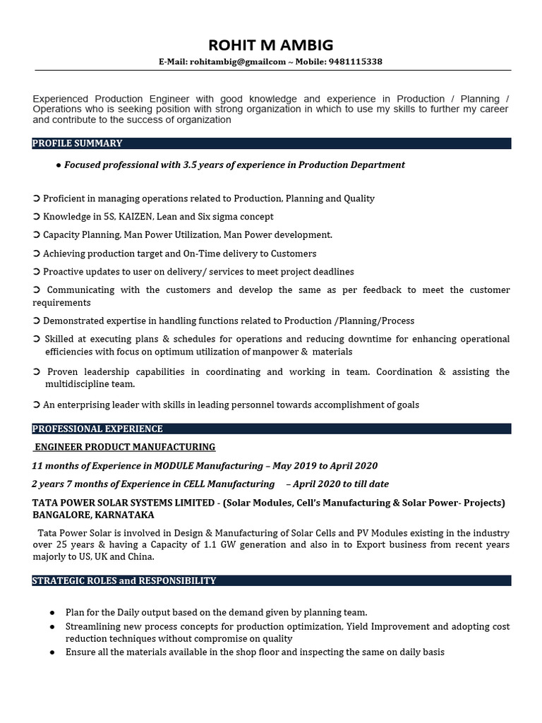 Rohit M Ambig - Resume | PDF | Solar Power | Solar Panel