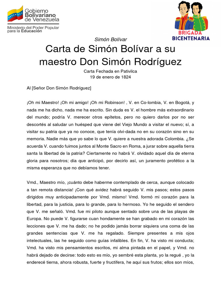 Carta Del Libertador Simon Bolivar A Su Maestro Don Simon Rodriguez | PDF
