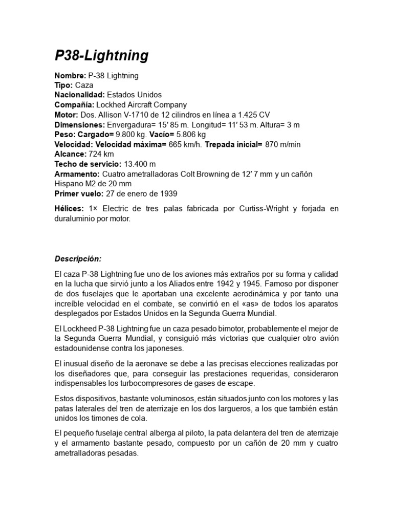P38 Lightning | PDF | Avión de combate | Configuraciones de ala