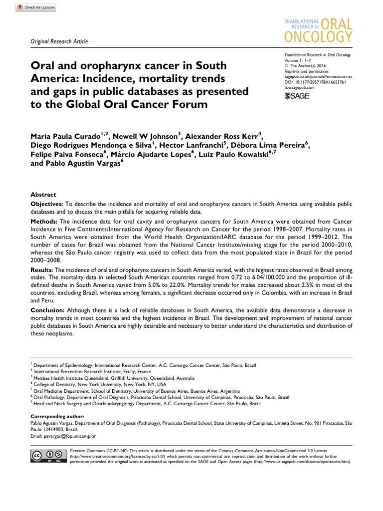 Curado Et Al 2016 Oral and Oropharynx Cancer in South America Incidence ...